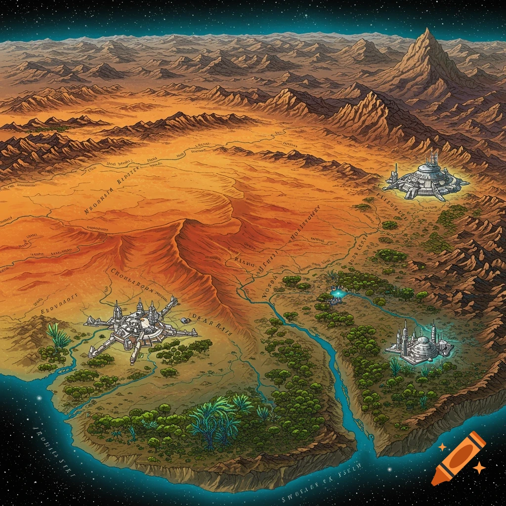 A map showing the diverse landscape of an alien planet with mountains ...