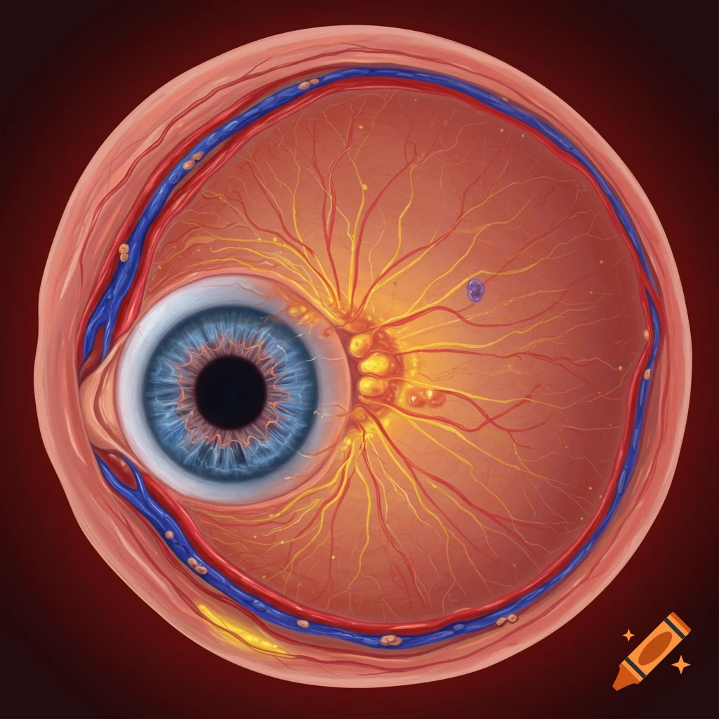An internal view of a human eye focusing on the optic nerve and blood ...