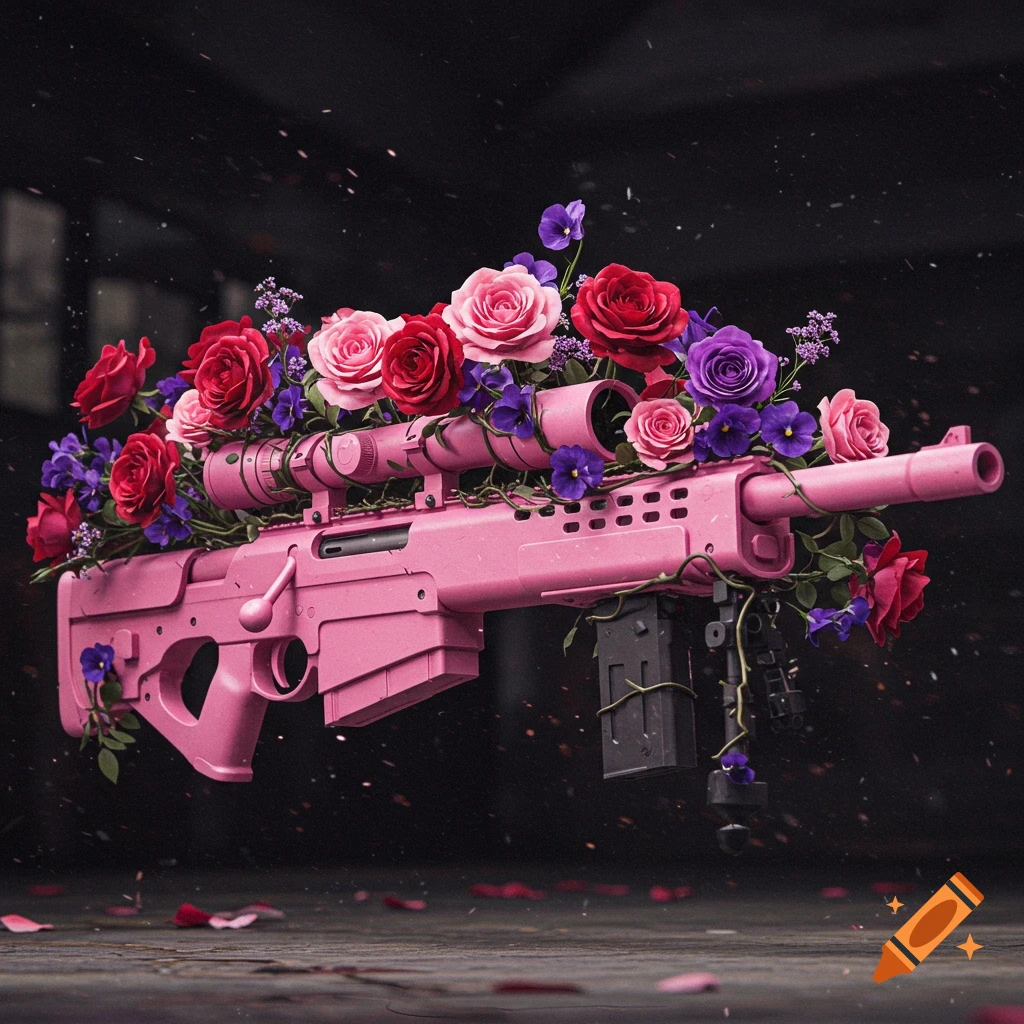 Pink sniper rifle decorated with red and purple flowers. on Craiyon