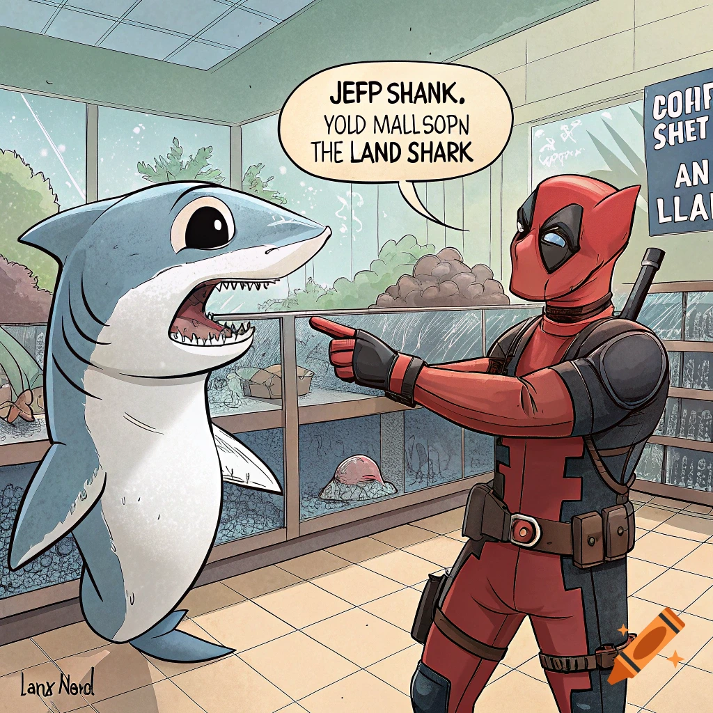 Deadpool pointing at baby shark Jeff in a pet store on Craiyon