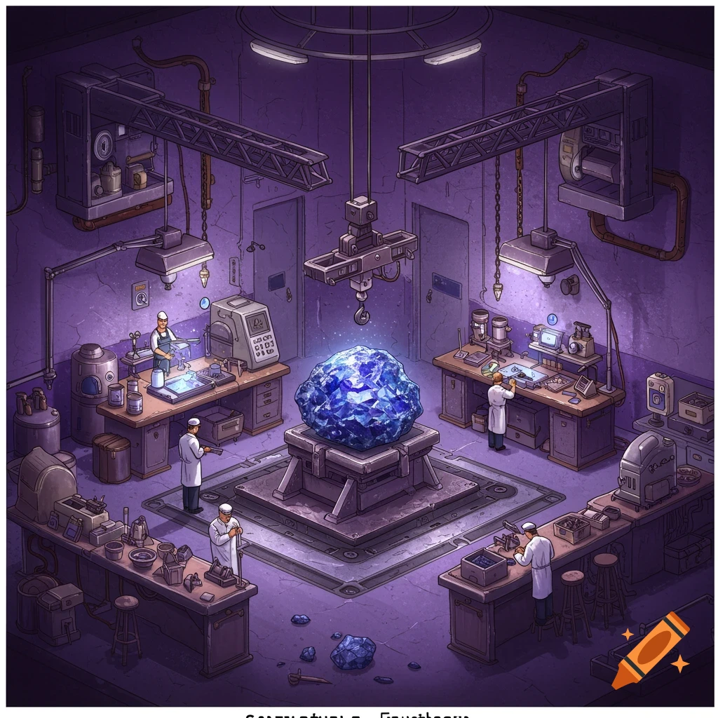 Miniature factory with jewel-making operation, violet-toned walls, and ...