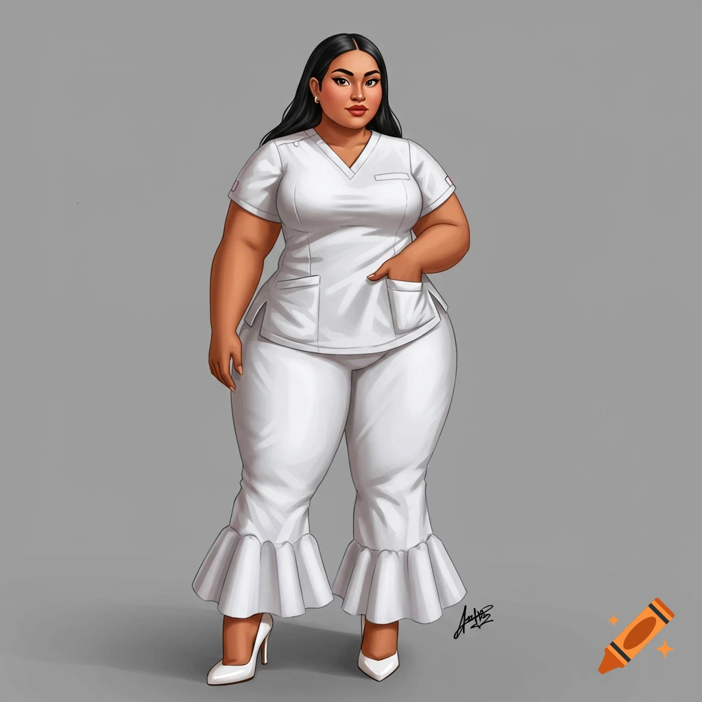 Plus size Samoan girl in white scrubs and heels on Craiyon
