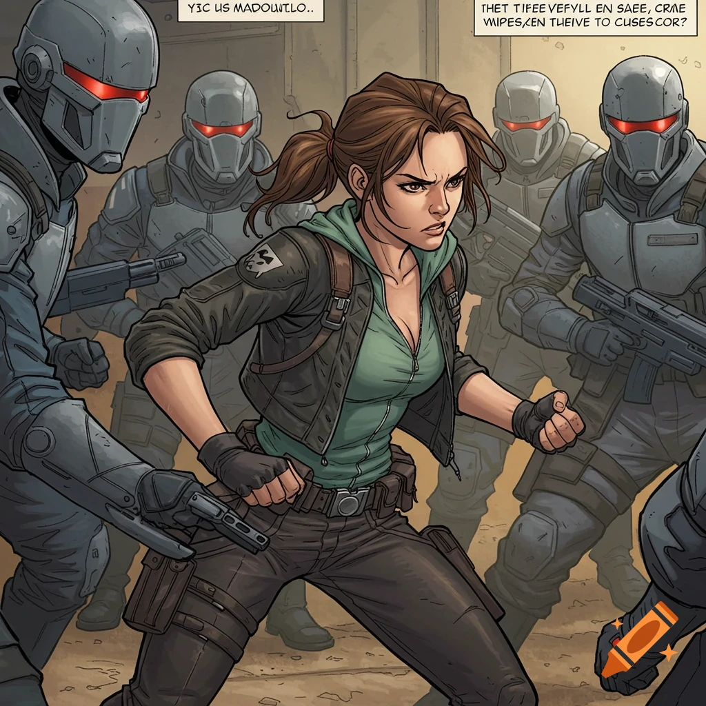 Woman ready for battle surrounded by soldiers in comic book style on ...