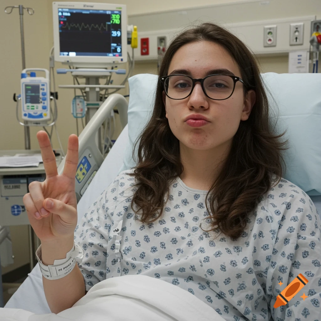 Young person in hospital bed making peace sign on Craiyon
