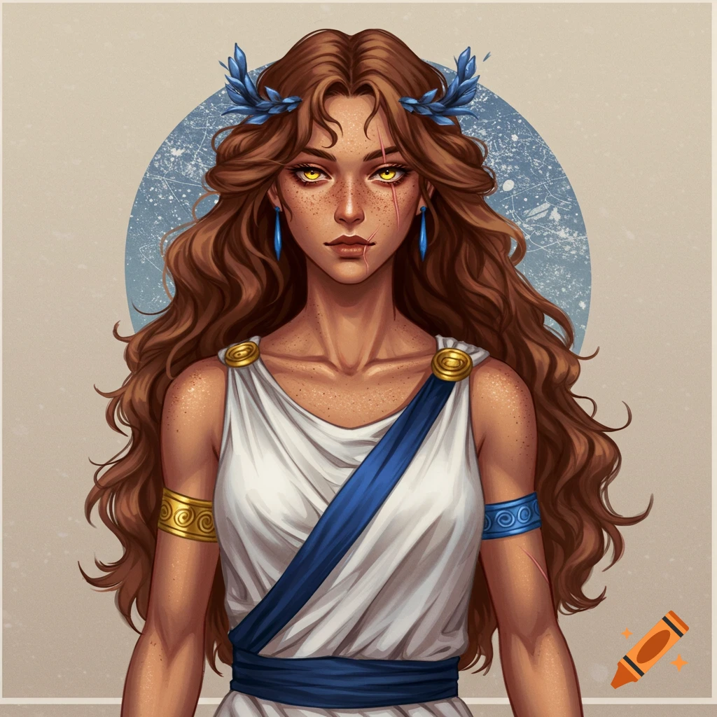 Astrea Tanith, a tall Greek goddess with brown hair, gold eyes, a scar ...