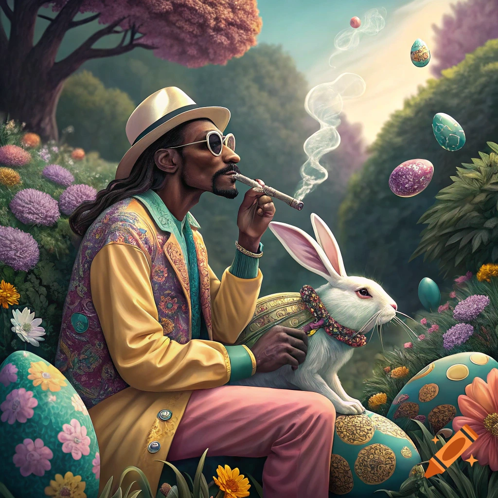 Snoop Dogg smoking a joint, sitting with the Easter bunny surrounded by ...