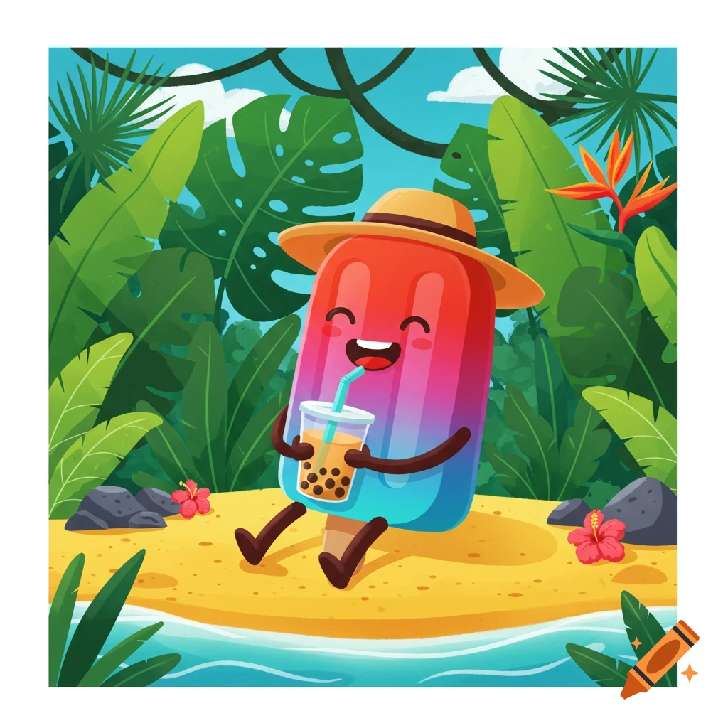 Popsicle drinking bubble tea logo on jungle beach on Craiyon