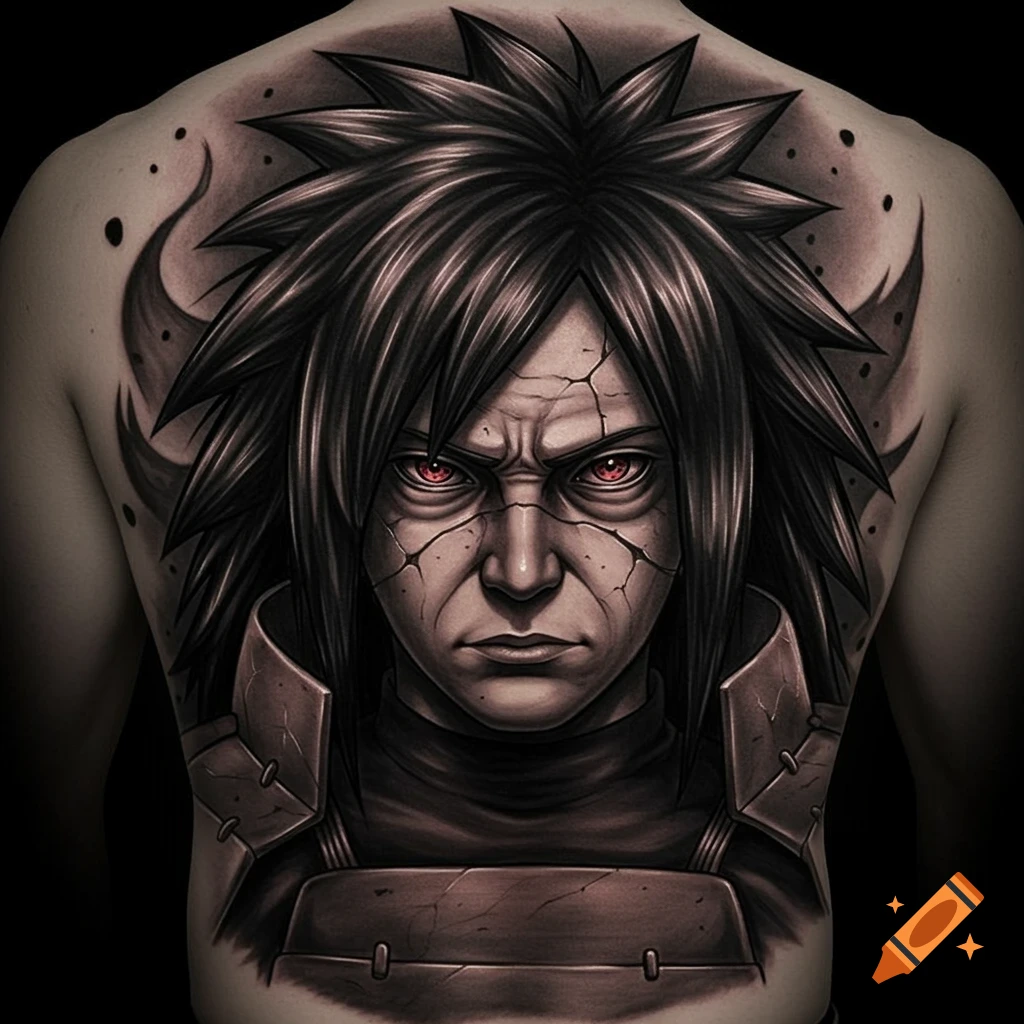 Realistic black and gray tattoo of Madara Uchiha on a person's back. on ...
