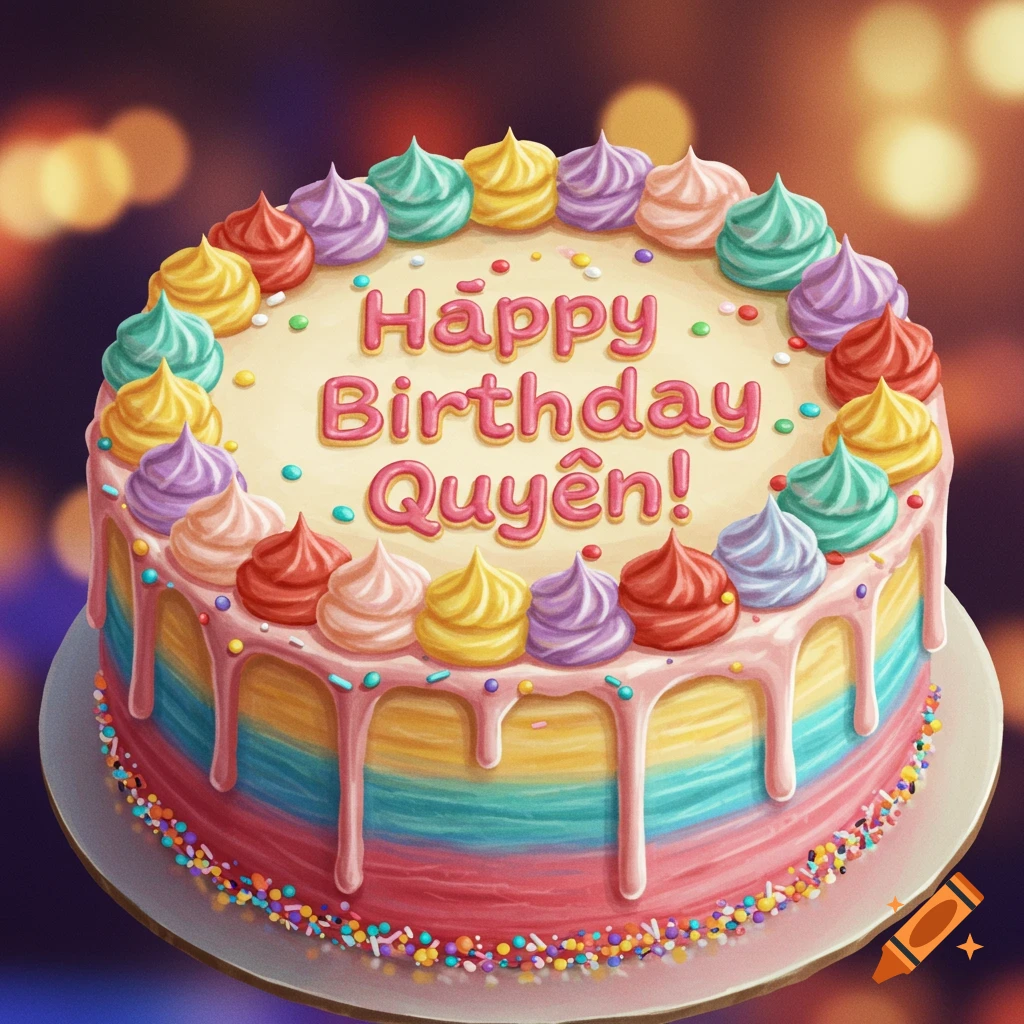 A two-tier white birthday cake with purple frosting and gold details ...