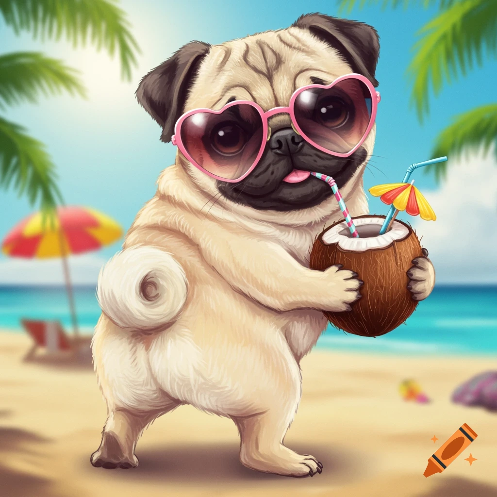 Pug wearing heart sunglasses holding a coconut drink on Craiyon
