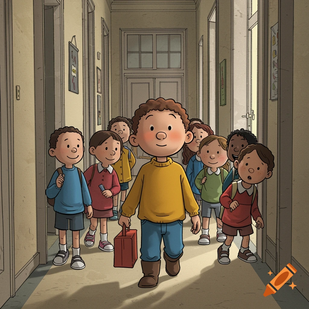 Cartoon illustration of children walking down a school hallway. on Craiyon