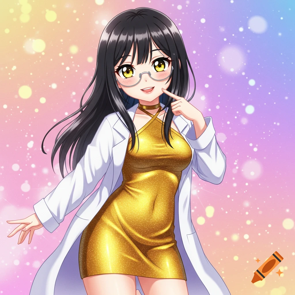 Cute anime girl with black hair in gold dress and lab coat on Craiyon