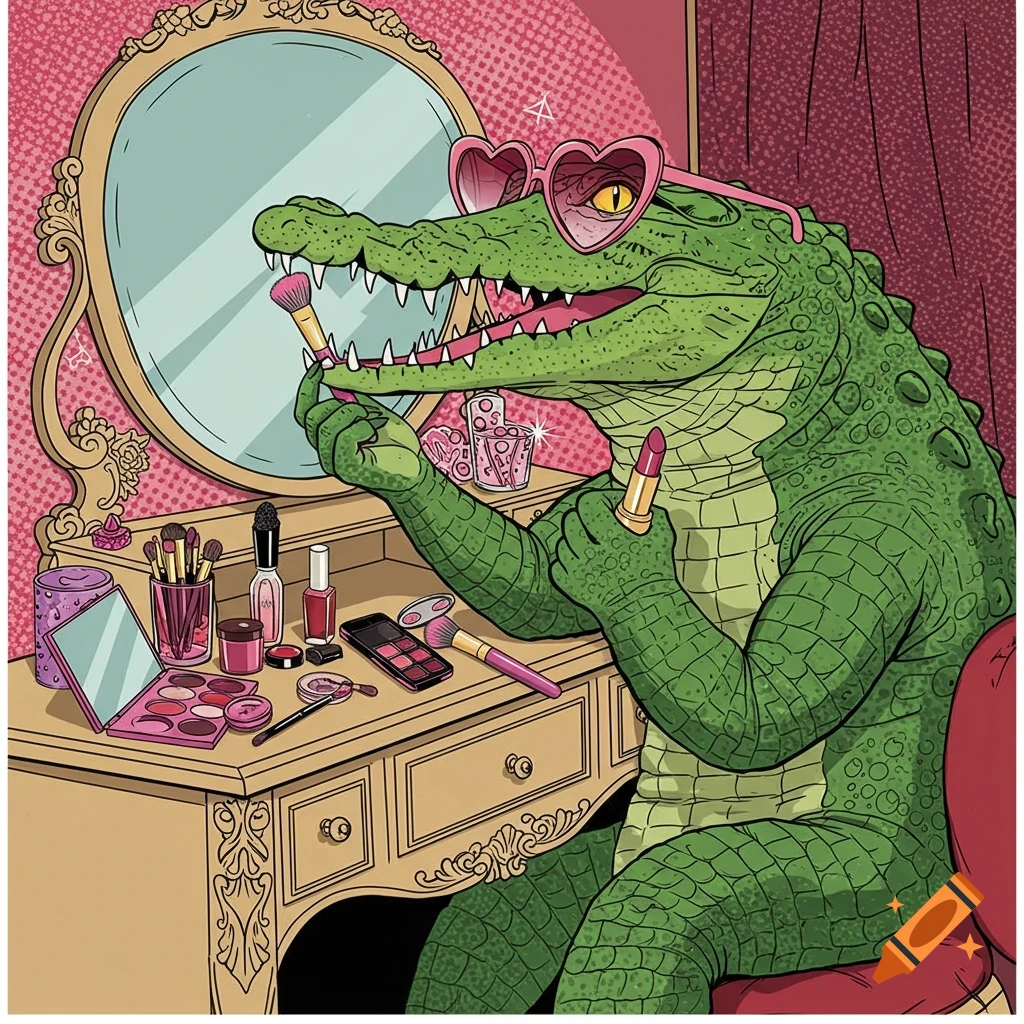 Crocodile with heart sunglasses applying makeup at vanity table. on Craiyon