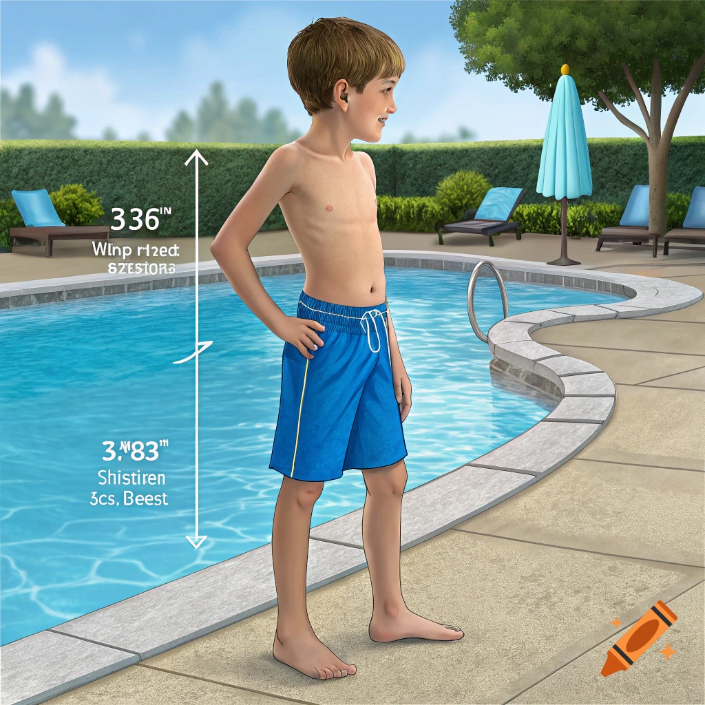 Boy in blue swim trunks by outdoor pool on Craiyon