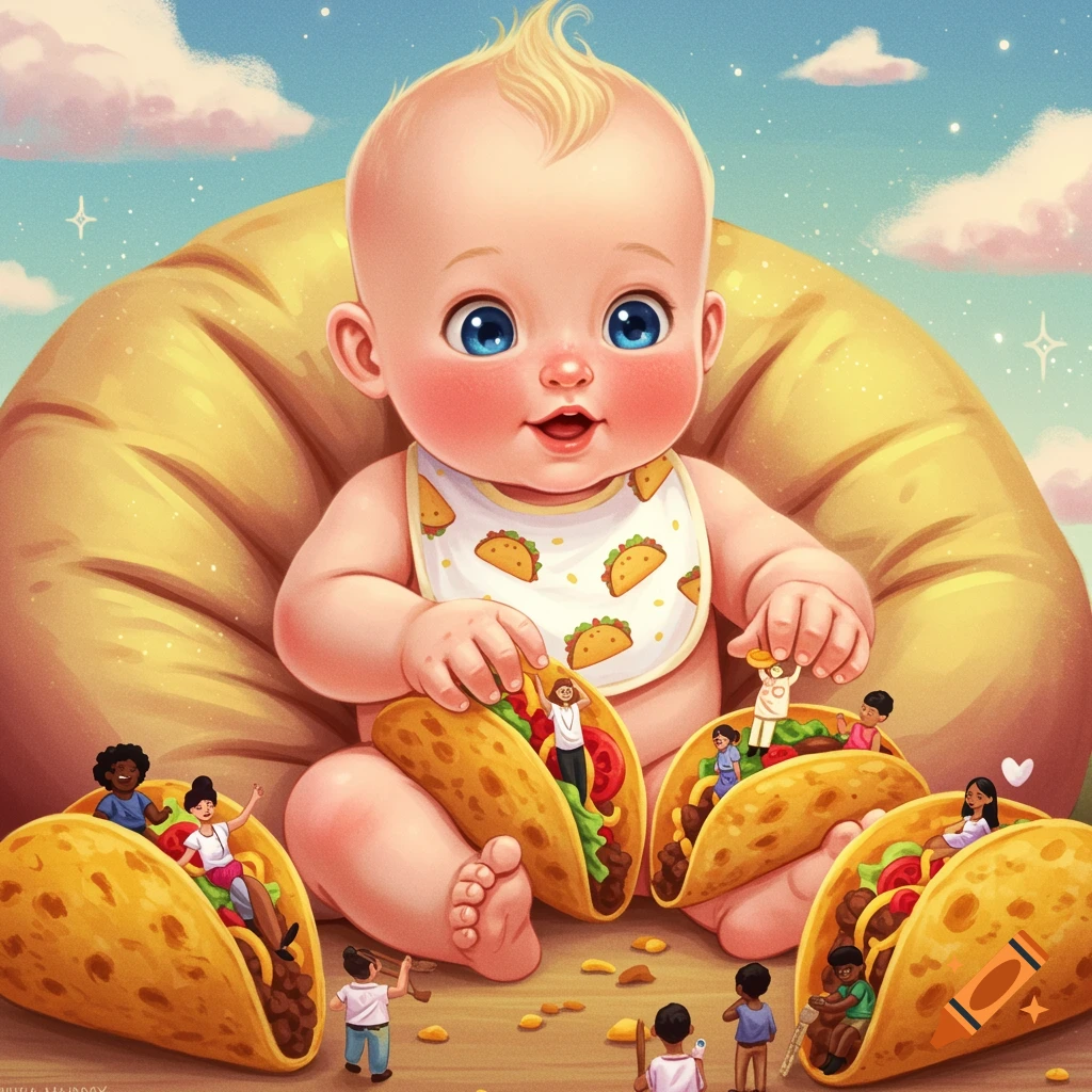 Whimsical scene of a baby placing tiny people into taco shells. on Craiyon