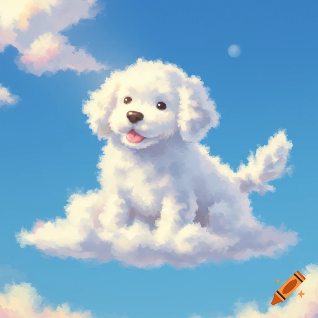 A fluffy white dog-shaped cloud floats in a blue sky. on Craiyon