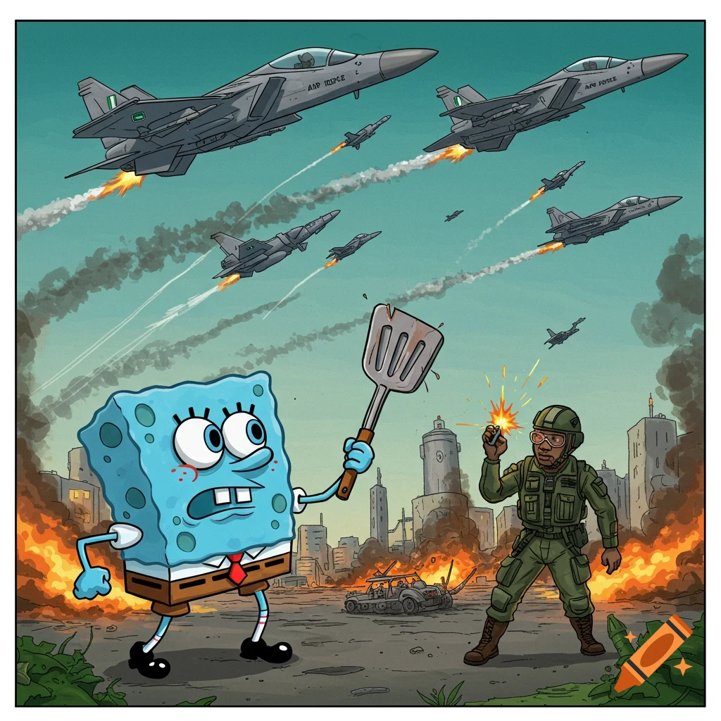 Cartoon Spongebob in soldier uniform holding a bomb in front of burning ...