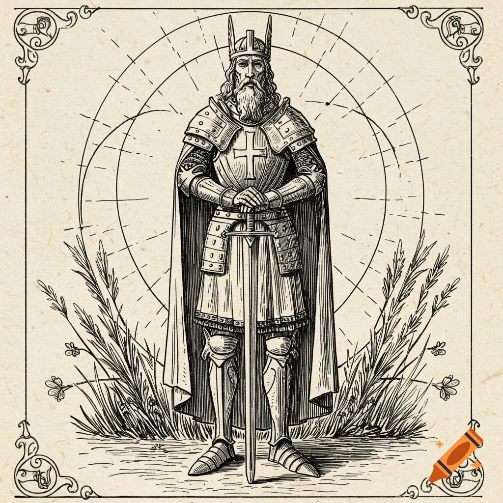 Black and white line drawing of a knightly hero in Germanic folklore ...