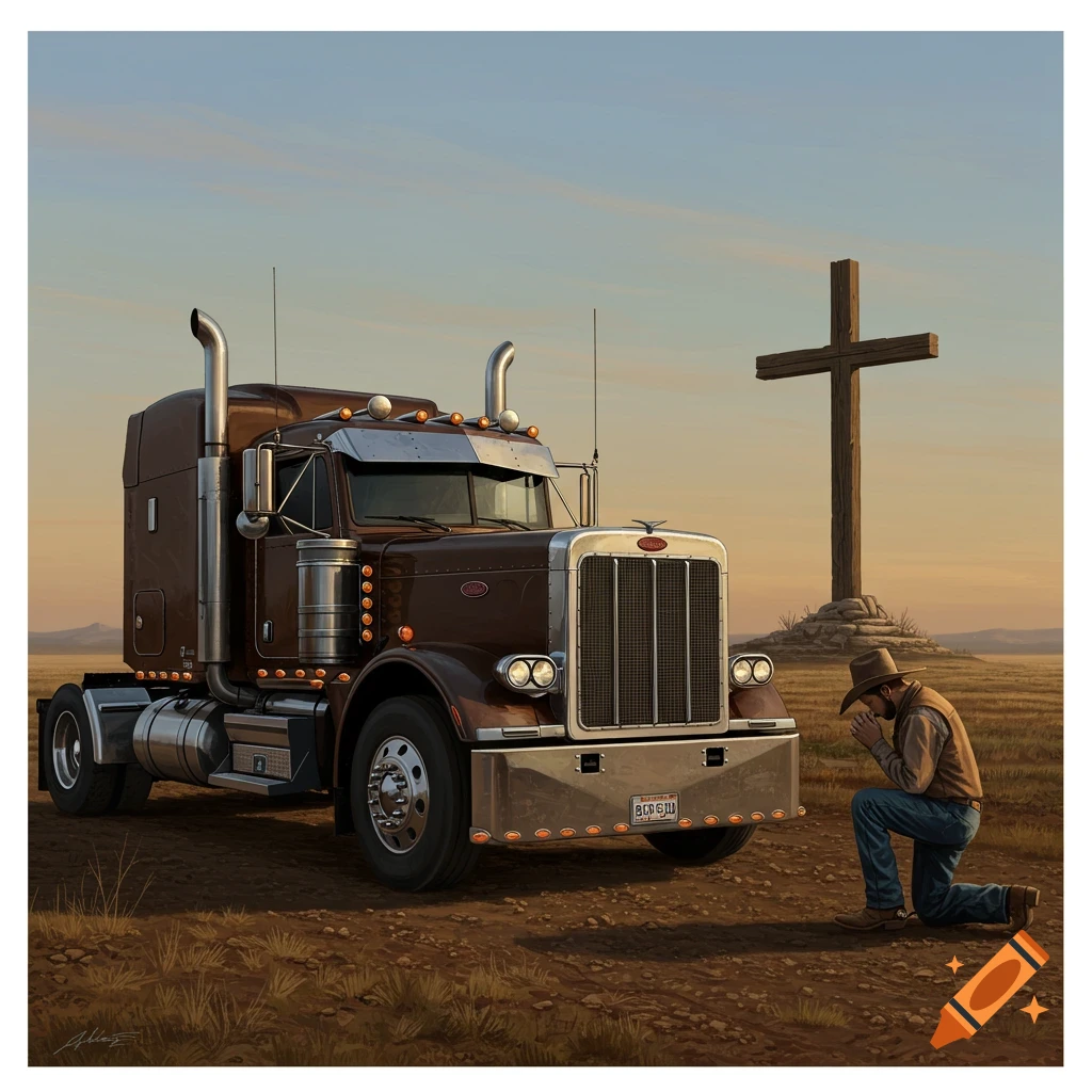 379 Peterbilt truck with cross and kneeling cowboy on Craiyon