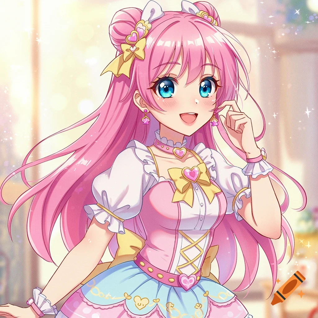 Anime girl with pink hair, blue eyes, and a frilly dress extends her ...