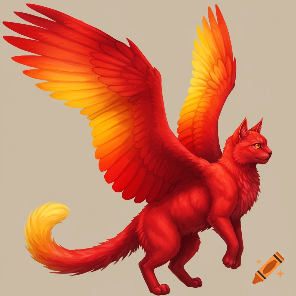 Realistic red cat with gradient colored wings, tail, and eyes on Craiyon