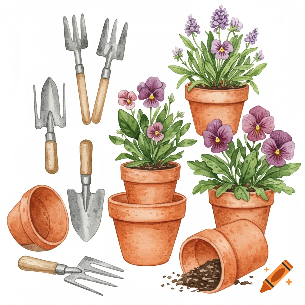 Watercolor clipart of garden tools and flowering plants in clay pots on ...