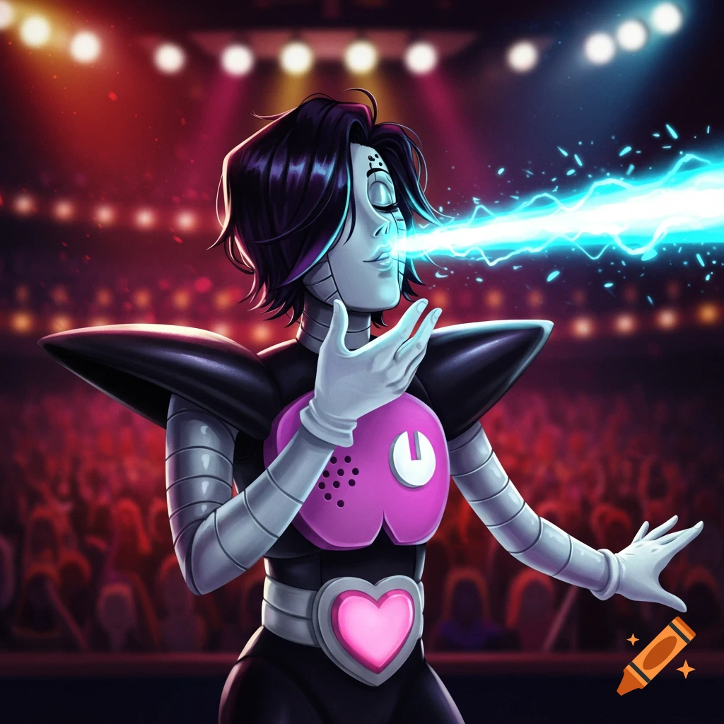 Mettaton from Undertale performs on stage, emitting a blue energy beam ...