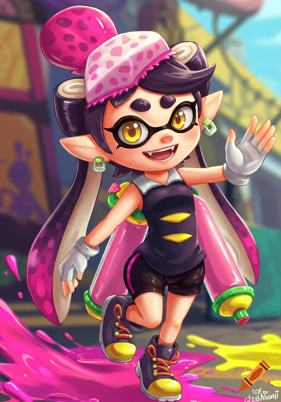 Callie from Splatoon is waving with ink splatters. on Craiyon