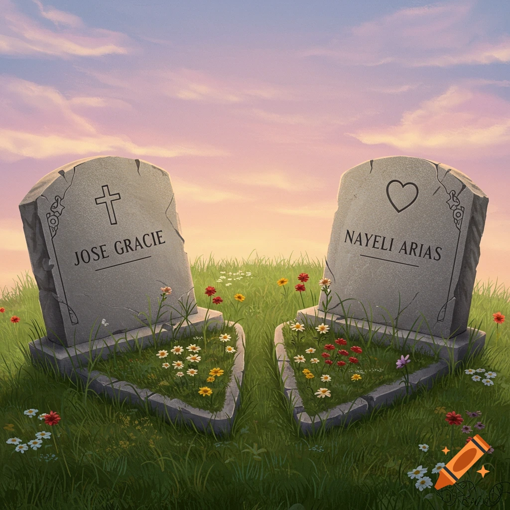 Two heart-shaped graves with names Jose Gracie and Nayeli Arias on Craiyon