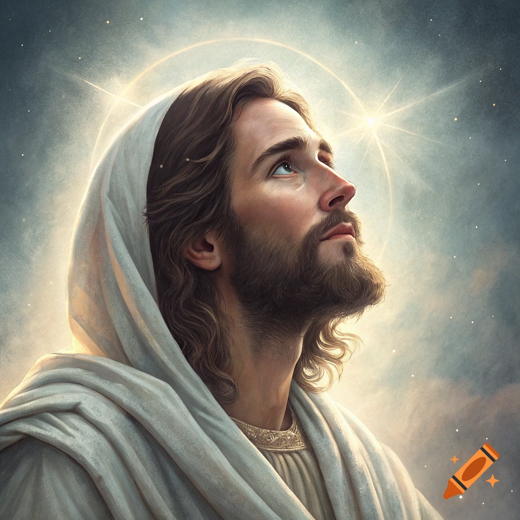 Painterly image of Jesus with a halo, holding a book and looking up, in ...