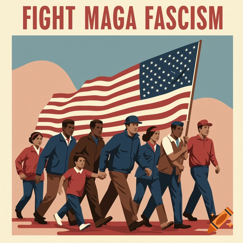 Poster with diverse group fighting MAGA fascism on Craiyon