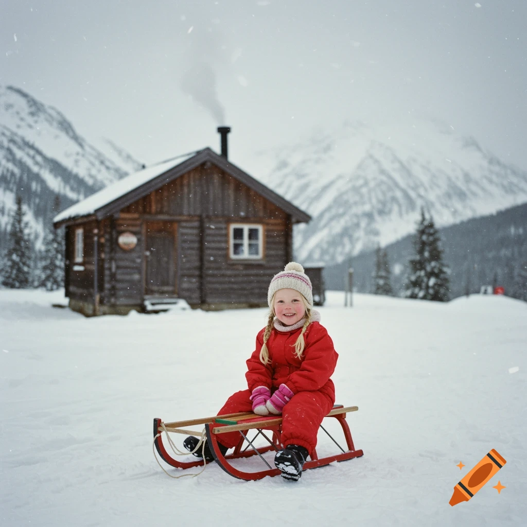 4 year old Swedish girl on sled, snowy mountain, Kodak 90s photo on Craiyon