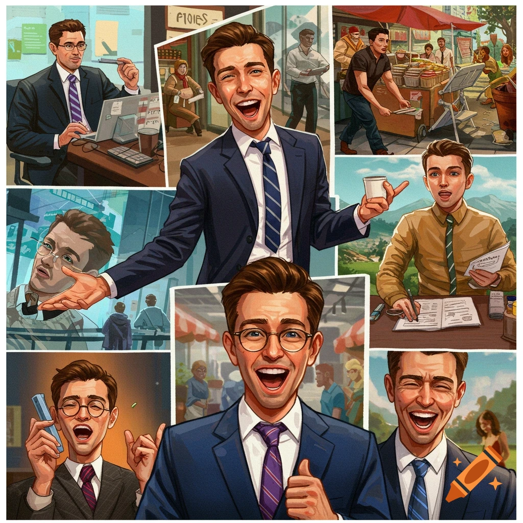 Digital illustration collage showing a man in business and daily life ...