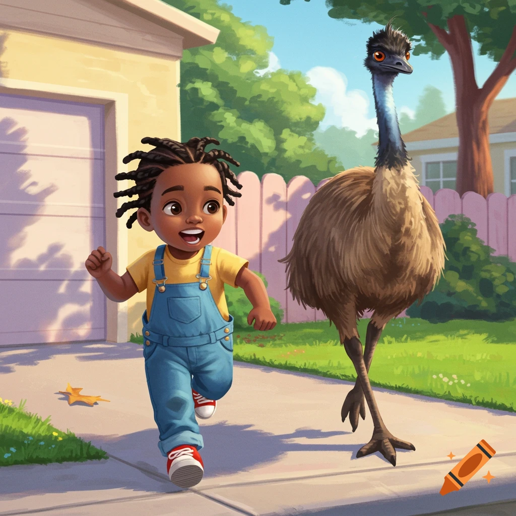 3 year old African American boy with braids running with emu on Craiyon