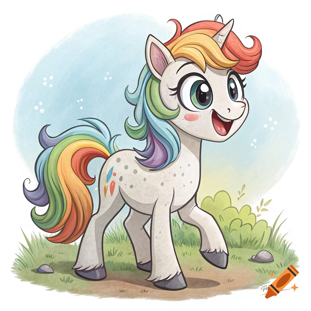 A yellow cartoon pony with black and white mane and tail on a turquoise ...