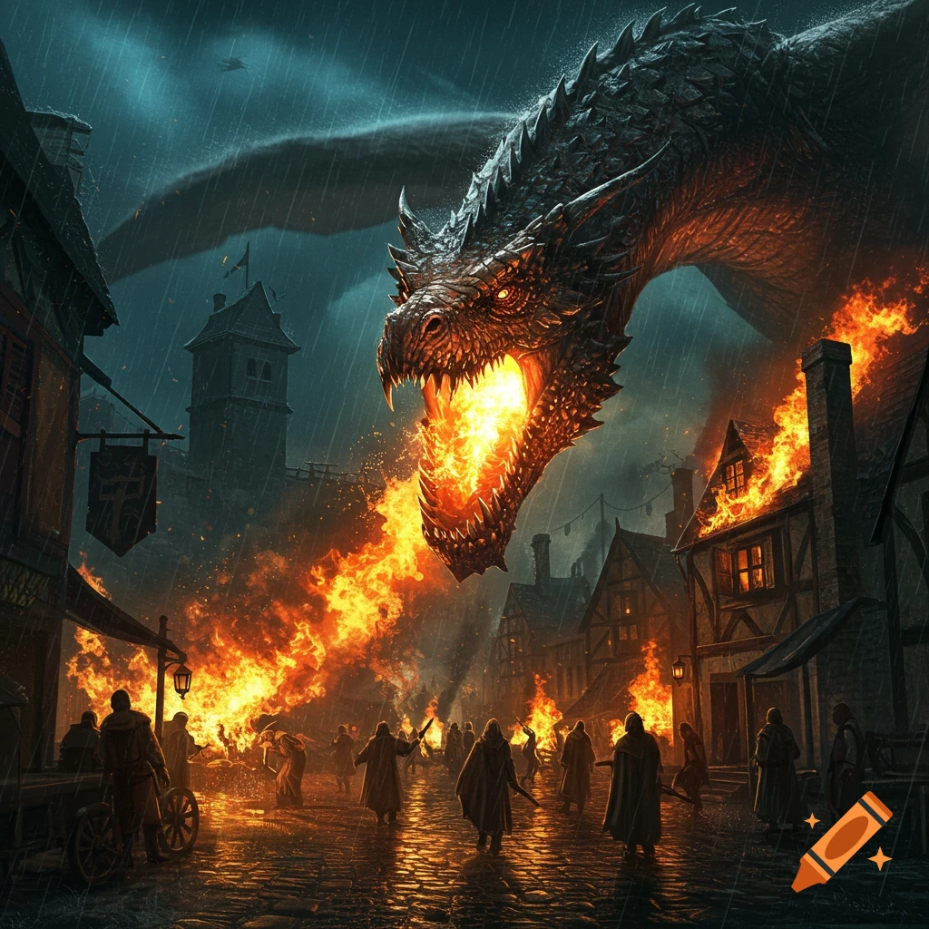 Dragon with fire scarface attacking village at night in rain on Craiyon