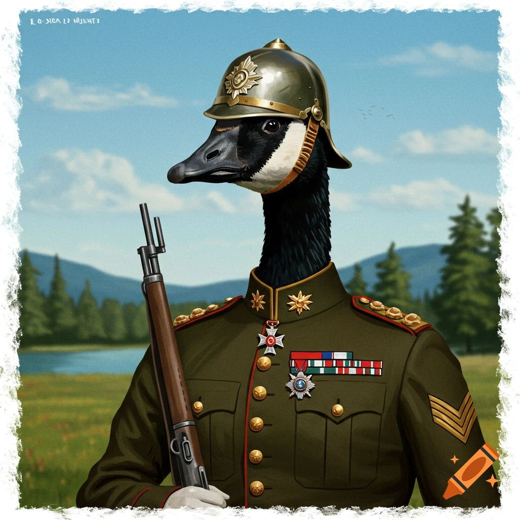 A realistic duck dressed in a military uniform stands in a smoky, war ...