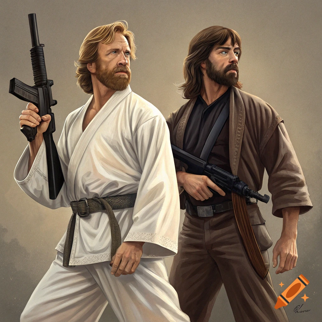 Illustration of Bruce Lee and Chuck Norris sparring in a boxing ring on ...