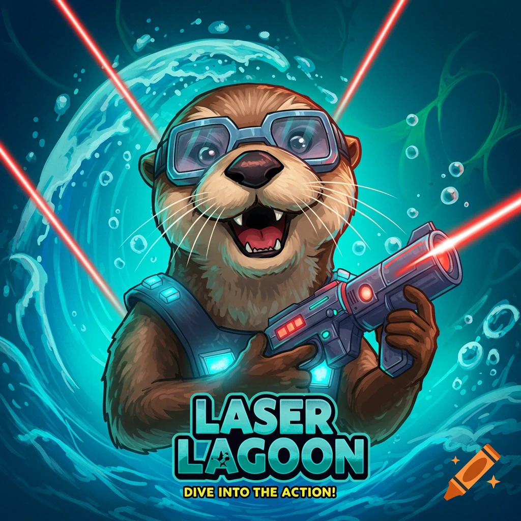 Cartoon poster of an otter in goggles holding a laser gun, with lasers ...