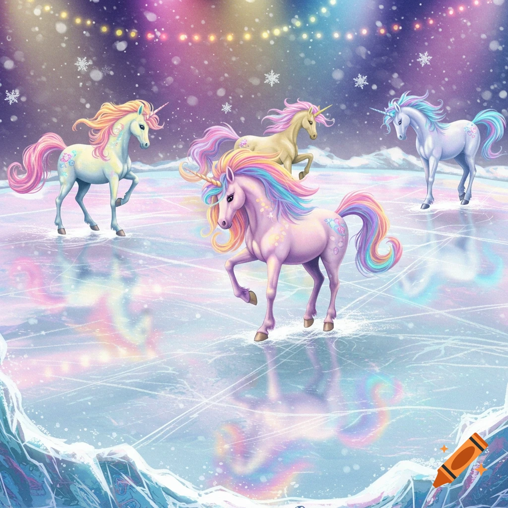 Colorful unicorns ice skating on a whimsical rink. on Craiyon