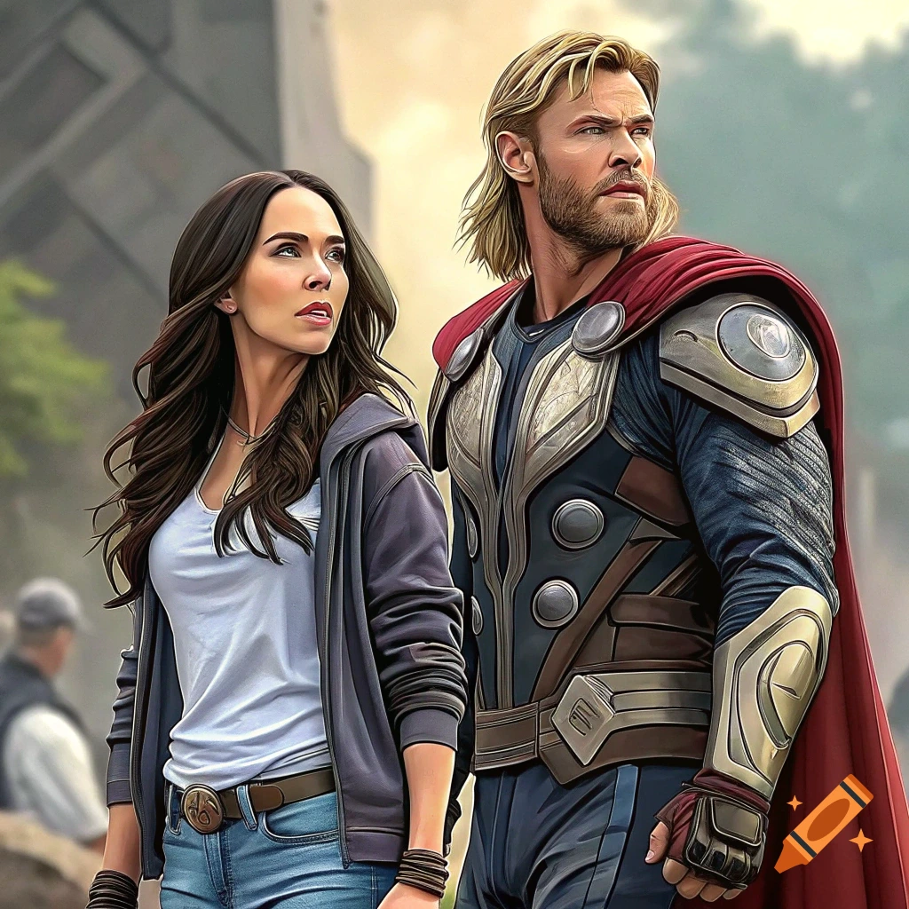 Two figures resembling Megan Fox and Chris Hemsworth as Thor stand ...