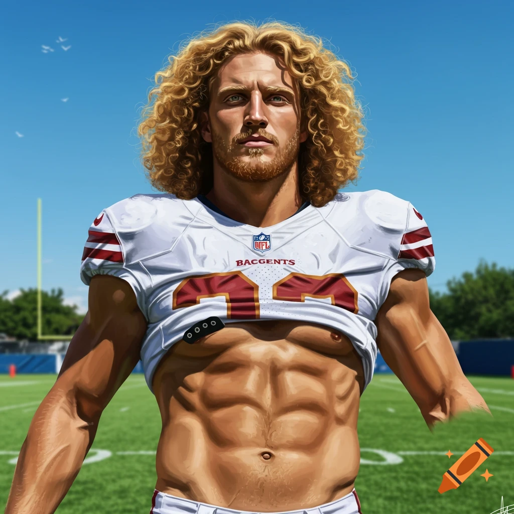 NFL player with curly blonde hair and six pack abs on Craiyon