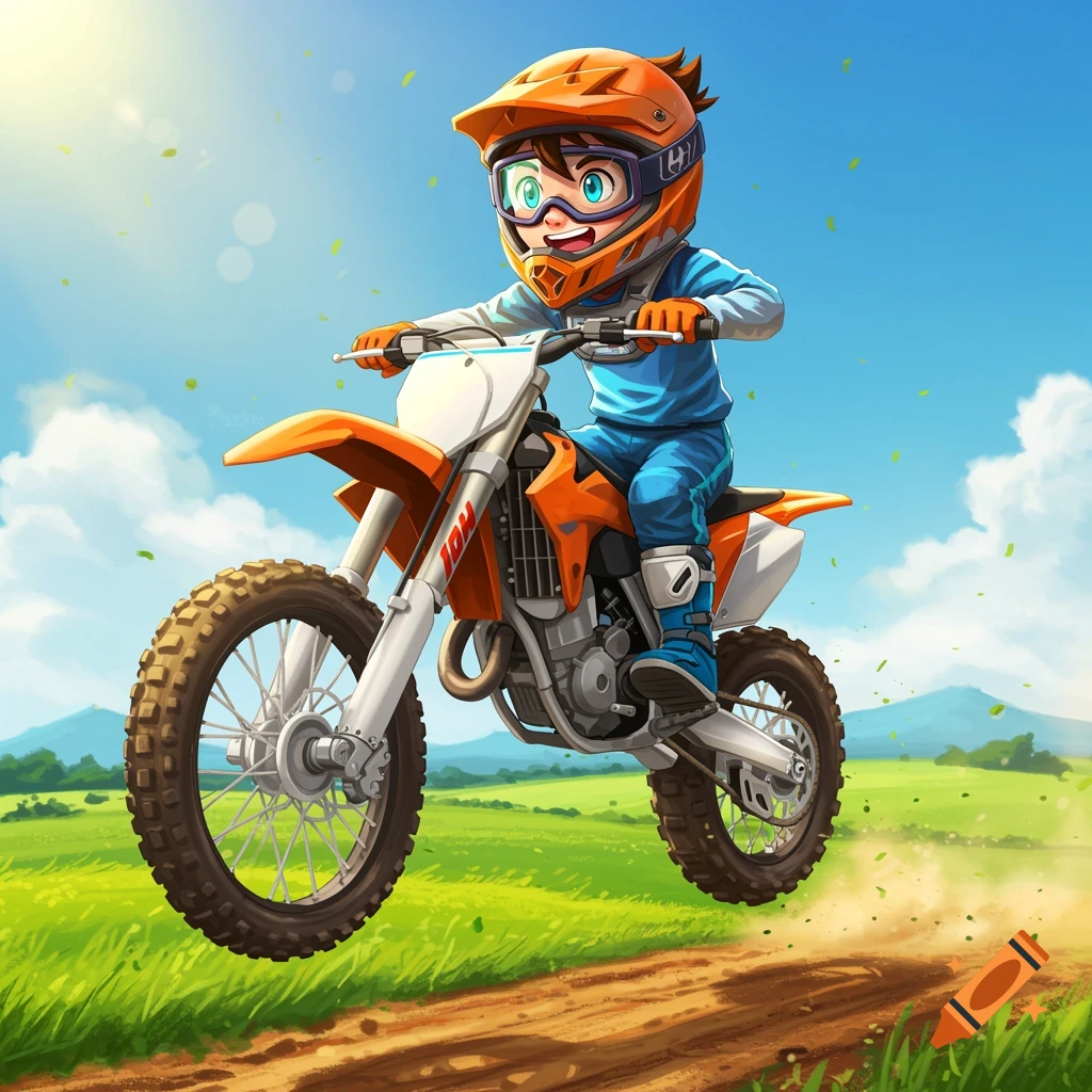 A vibrant illustration of a young boy racing a motocross bike on a dirt ...