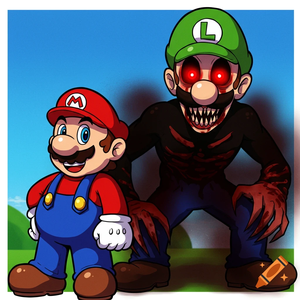 Classic Mario stands next to a monstrous, creepy version of Luigi. on ...