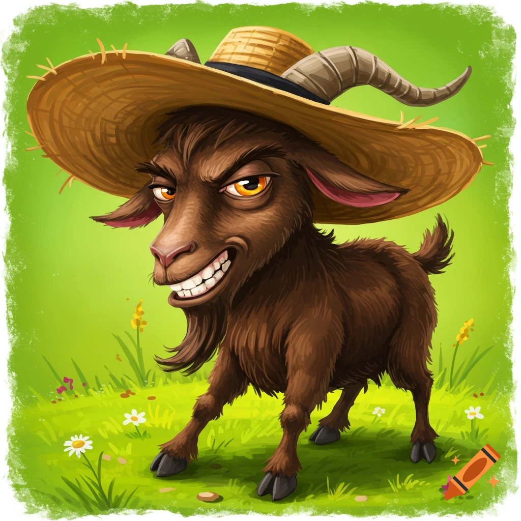 A funny angry goat wearing a straw hat stands in a field. on Craiyon