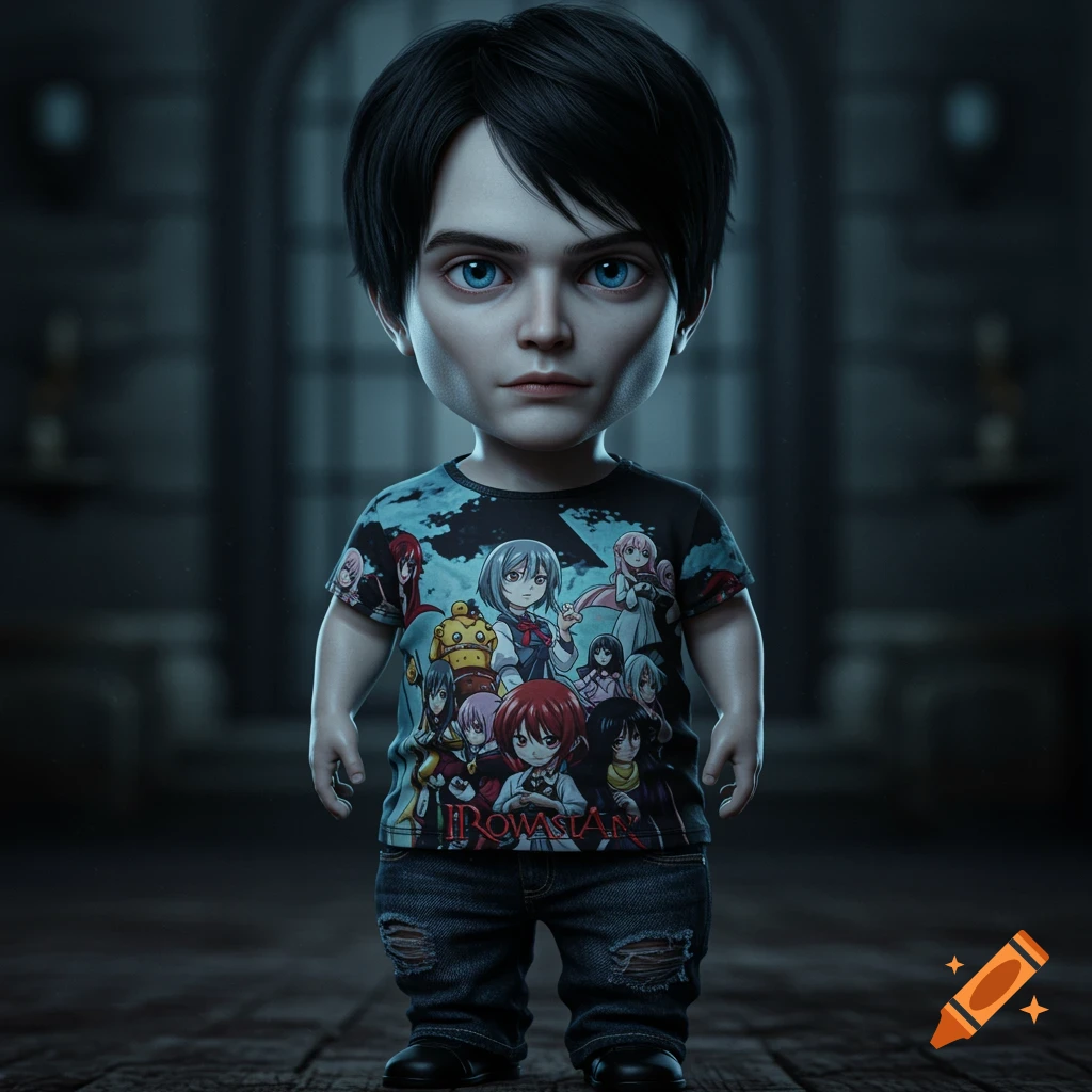 Short vampire with blue eyes and anime t-shirt on Craiyon