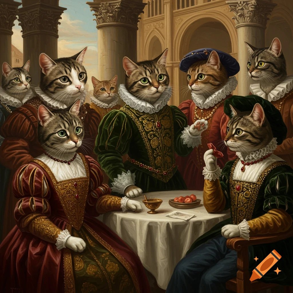 Several tuxedo cats in Victorian formal wear inside a grand room. on ...