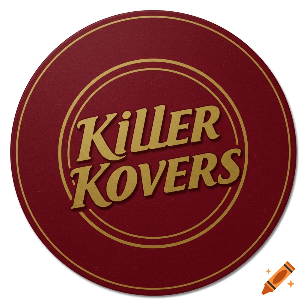 Circular dark red label with gold trim and 'Killer Kovers' text. on Craiyon