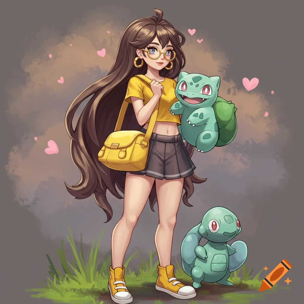 Female Pokemon trainer with Bulbasaur and Metapod on Craiyon