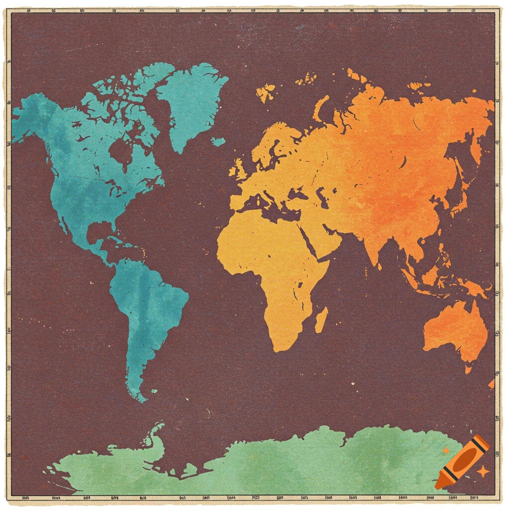 A stylized world map showing continents in shades of orange and yellow ...